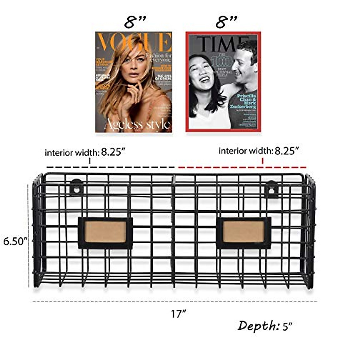 Wall35 Amalfi Wire Basket Desk Organizer, Wall Mount Rustic Decor for Home and Office Organization, Black Magazine Holder