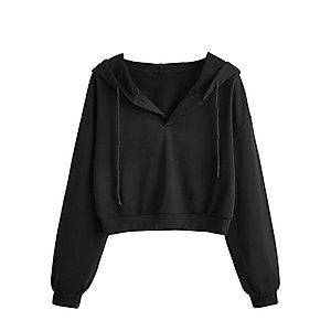 Verdusa Women's Long Sleeve Drop Shoulder Drawstring Crop Hoodie Sweatshirt Black M