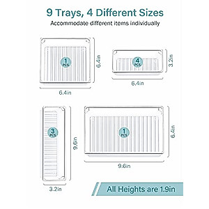 Kootek 9 Pcs Drawer Organizer 4-Size Bathroom Drawer Organizers Clear Plastic Desk Storage Bins Vanity Makeup Drawer Dividers for Jewelry Dresser Bedroom Kitchen Gadgets Office (Clear)