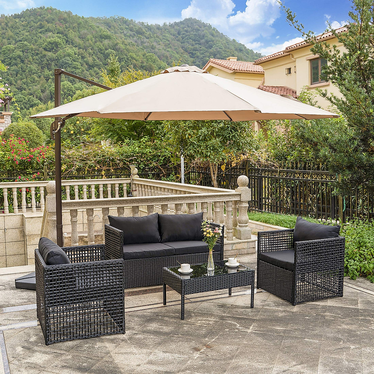 WO Outdoor Wicker Rattan Furniture 4 PCS Set Black Woven Table Chairs Set w Cushions & Back Support Pillows Coffee Table Seats 4 Black