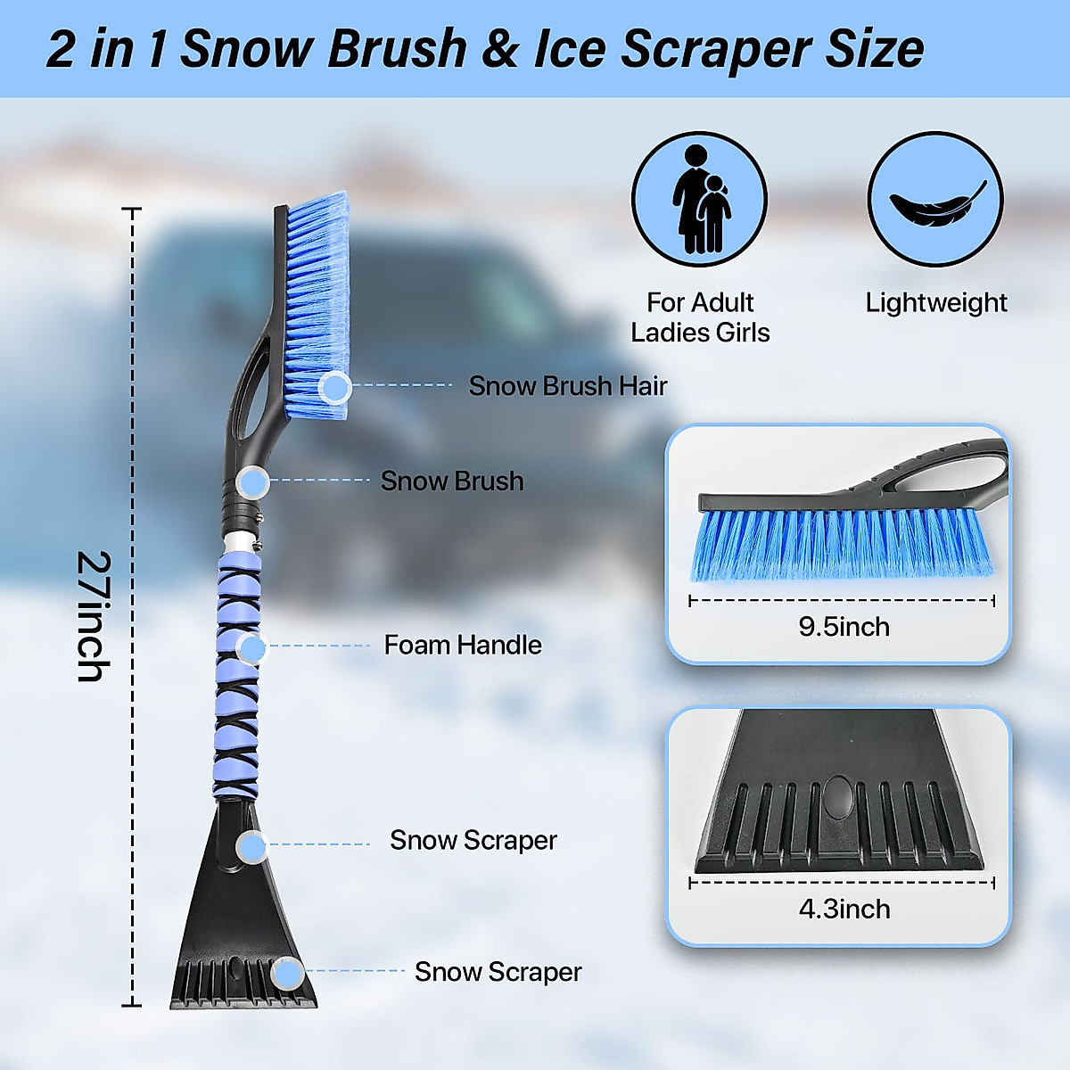 YLCVBUD 27" Snow Brush and Ice Scrapers Detachable Pivoting, Soft Bristle Head,Foam Grip, for Car,Trucks,or SUV Window & Windshield Tool (2pcs)
