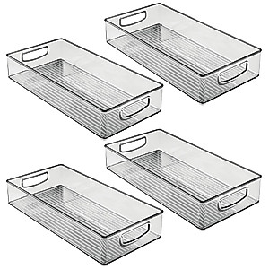 mDesign Plastic Stackable Kitchen Pantry Cabinet, Refrigerator or Freezer Food Storage Bin with Handles - Organizer for Fruit, Yogurt, Snacks, Pasta - BPA Free, 16" Long, 4 Pack - Smoke Gray