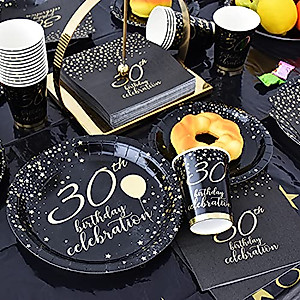 Gatherfun 30th Birthday Party Supplies Disposable Paper Plates Napkins Cups Knives Spoons Forks Tablecloth Banner Number 30 Balloons for Men Woman Black and Gold 30 Birthday Party Decorations Serve 25