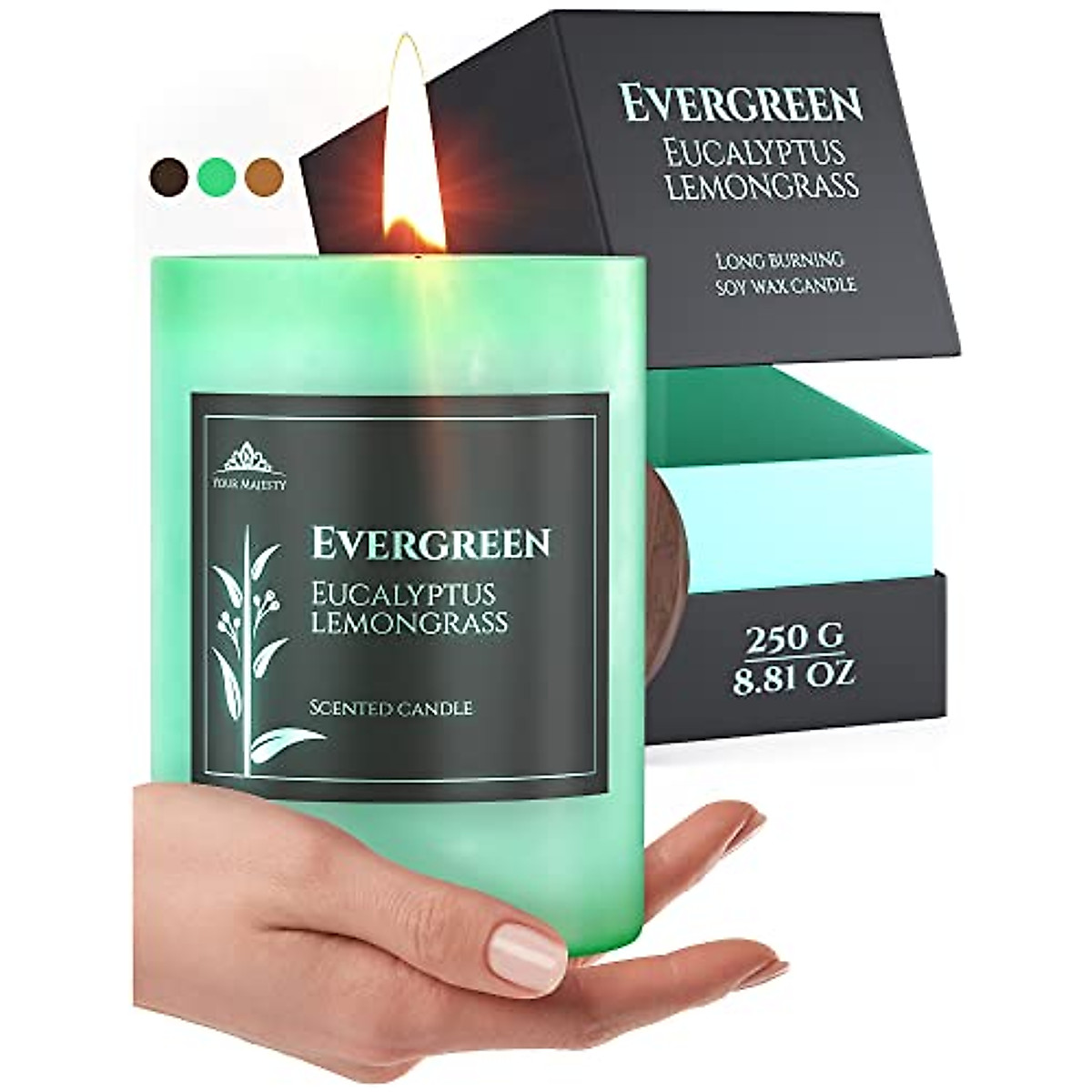 Evergreen Lemongrass & Eucalyptus Candle, Scented Candle for [Anxiety and Stress Relief] 60H Burning Time, Natural Soy Candle Infused with Essential Oils, Aromatherapy Candle 8.81 Oz