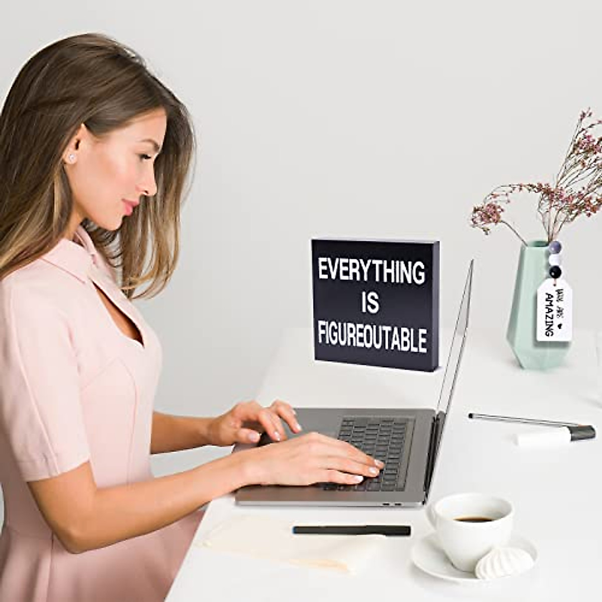 Black Decor for Home Office Desk, Wood Box Sign, Everything is Figureoutable Sign, You are Amazing Mini Plaque, Inspirational Gifts for Women, Men