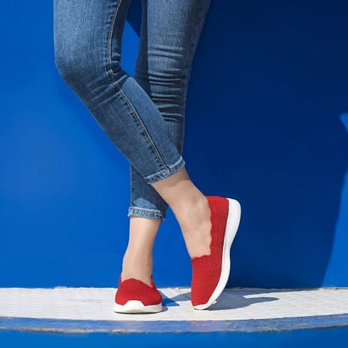 Puxowe Women's Casual Slip on Walking Flat Shoes-Lightweight Low-Top Knit Loafer Sneaker Red Size 8 US