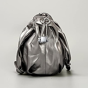 Soft Leather Tote Shoulder Bag For Women,Metal Gray Drawstring Tote Bag,Casual Simple Messenger Bag