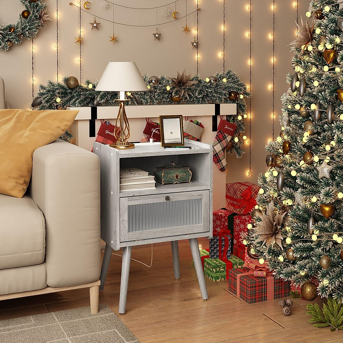 Mid Century Modern Nightstand with Charging Station, Bedside Tables with Glass Door, End Table Side Table with 2 Tiers Storage Space, for Bedroom, Living Room, Light Grey