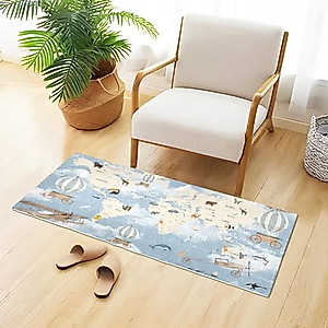 Fluffy Floor Carpet-Animals World Map Travel Theme，39x20in Front Door Mat Indoor Machine Washable Carpet,Aesthetic Rug