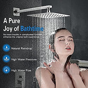 Shower System with Tub Spout, Shower Faucet Set, 10 Inch Bathroom Polished Chrome Square Rain Shower Head with Handheld Spray Wall Mounted Rainfall Shower Fixtures (Contain Tub Spout)