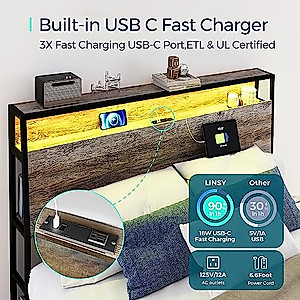 LINSY Queen Bed Frame with Ergonomic Headboard & 4 Drawers, Fast Assembly Bed Frame with LED Lights & Fast Charger, Bed Frame Queen Size with Storage, Noise Free, No Box Spring Needed, Greige