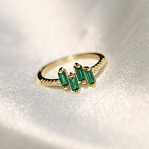 LAVLA 14k Gold Plated Baguette Green/Blue/Red Cubic Zirconia Half Eternity Stackable Ring | 1.5mm Thin Minimalist Simulated Diamond Band for Women (Green, 6)