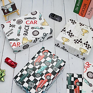 Vnaaem 8 Pc Race Car Wrapping Paper - Birthday Wrapping Paper for Kids Boys - Vintage Retro Car Gift Wrap for Christmas Birthday Baby Shower Holiday 19.6 X27.8Inch