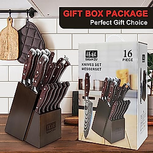 SHAN ZU 16-Piece Japanese Knife Set - High Carbon Stainless Steel Kitchen Knife Set with Block and Sharpener