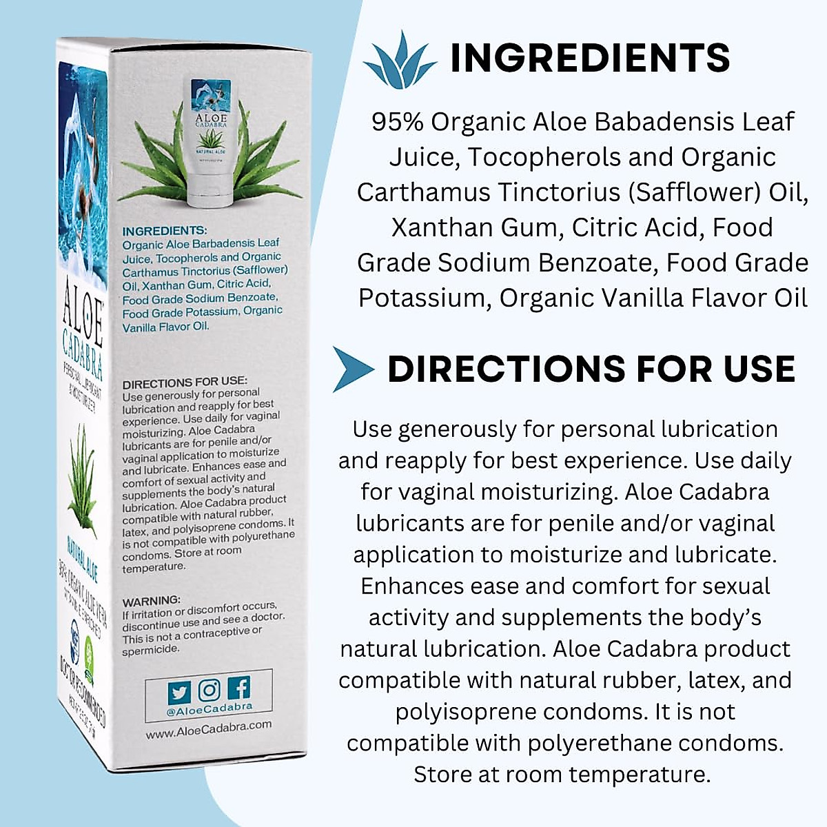 Aloe Cadabra Natural Water Based Personal Lubricant and Vaginal Moisturizer, Organic Aloe Lube for Men, Women and Couples, Non-Staining, pH Balanced (Unscented 2.5 Ounces, 2 Pack)