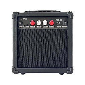 Ermik Electric Guitar Amp 20W Electric Guitar Amplifier Built in Speaker Headphone Jack Input and Aux JackDrive Button 4 Knobs Gain Bass Treble and Volume, Portable - Black (20W)