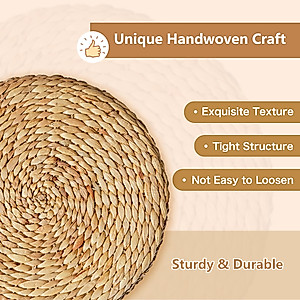 PrimeZone Patio Pouf Ottoman 18" D x 18" W x 12" H, Hand Woven Natural Seagrass Rattan Indoor Outdoor Footstool, Round Boho Poufs Footrest Floor Chair Seat for Living Room, Bedroom, Porch, Stripe