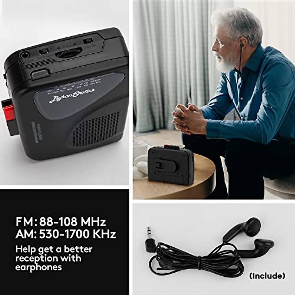 ByronStatics Portable Cassette Players Recorders FM AM Radio Walkman Tape Player Built In Mic External Speakers Manual Record VAS Automatic Stop System 2AA Battery Or USB Power Supply Headphone Black