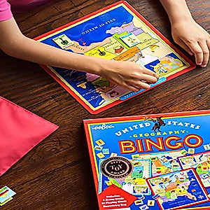 eeBoo: United States Geography Bingo Game, for 2 to 6 Players, Includes 6 Game Cards, 84 Playing Cards, & Drawstring Bag, for Ages 5 and up