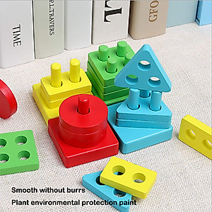 Artist Unknown Wooden Educational Toddler Toys Geometric Shapes Block Board Stack Sort Chunky Puzzle Preschool Learning Sensory Montessori Toy for 3 4 5 Years Old Boy Girl Babies Kids