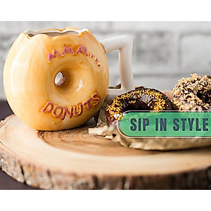 Ceramic Donut Mug - Delicious Pink Glaze Doughnut with Sprinkles - Funny "MMM... Donuts!" Quote - Best Cup For Coffee, Tea, Hot Chocolate and More - Large 14 oz - Funny Coffee Mug Gift - Pink