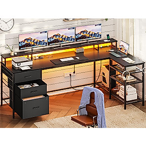 UPOSOJA L Shaped Gaming Desk with 3 Drawers, 78" Reversible Computer Desk with Power Outlet & LED Strip, Home Office Desk with Storage Shelves, Monitor Shelf, Mouse Pad Black