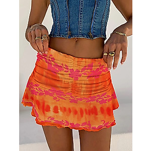 SAFRISIOR Women Ruched Ruffle Short Skirt High Waisted Stretch Pleated Tennis E-Girls 90s A-Line Mini Skirt (Medium, Floral#Orange, m)