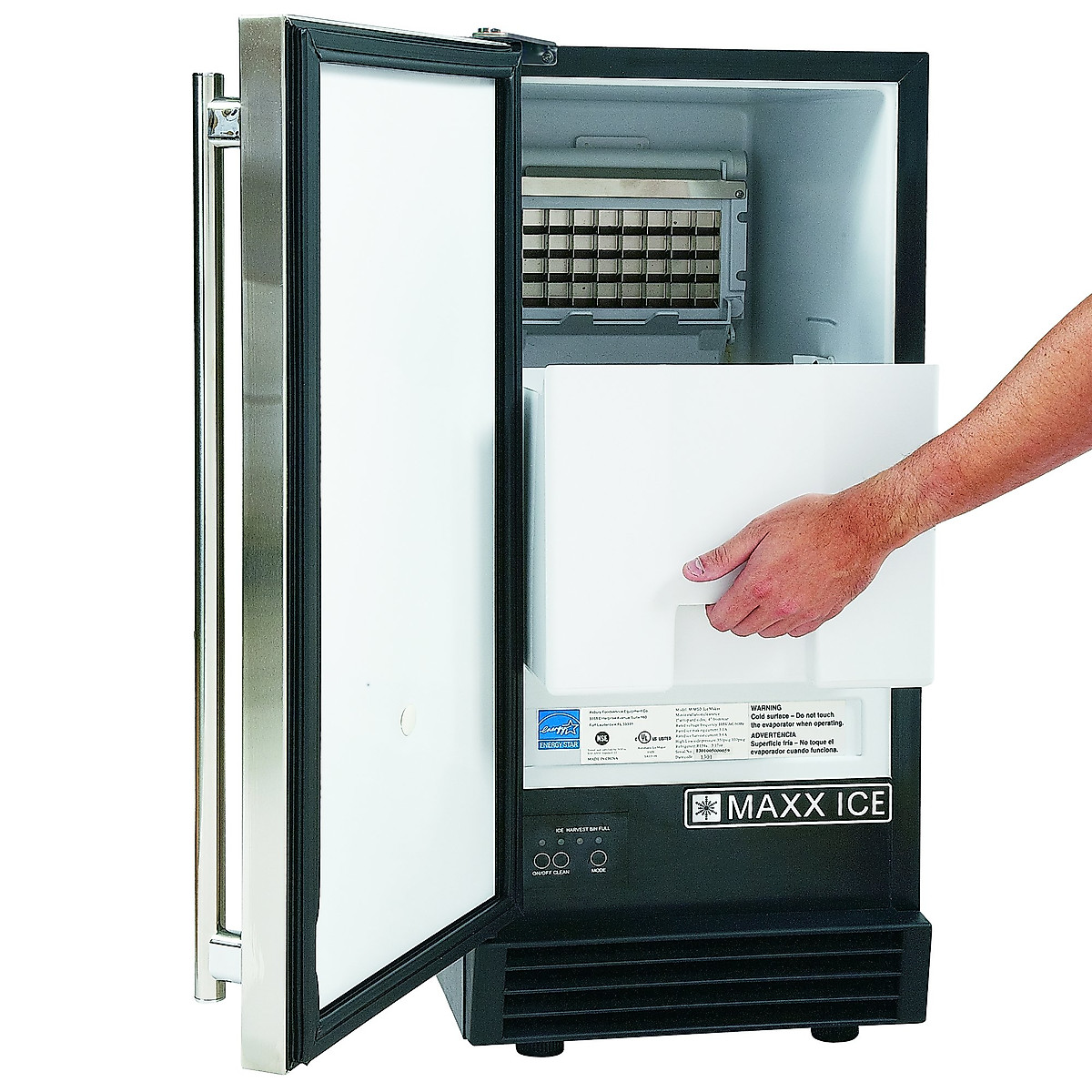 Maxx Ice MIM50P 65Lb Premium Clear Ice Cube Maker Machine with Drain Pump Blue LED and Built-in Undercounter or Freestanding Household Residential or Commercial Use, 15 Inch Wide, Silver