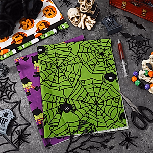 Whaline 12Pcs Halloween Cotton Fabric Bundles 18 x 22 Inch Spider Web Pumpkin Monster Fat Quarters Green Purple Black Orange Quilting Patchwork Squares Sewing Fabrics for DIY Craft Party Decor