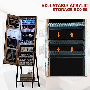 Lvifur LED Jewelry Armoire Freestanding, 3 Color Dimmable 47.2'' Full Length Mirror Large Capacity Jewelry Organizer Armoire, Lockable Floor Standing Mirror All in One for Bedroom (47.2'' Wooden)