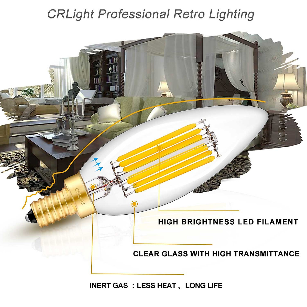 CRLight Dimmable LED Candelabra Bulb 70W Equivalent 700LM, 6 LED Filaments Real 6W LED Chandelier Light Bulbs, 3000K Soft White, E12 Base, B10 Candle Clear Glass Decorative Bulb, Pack of 4