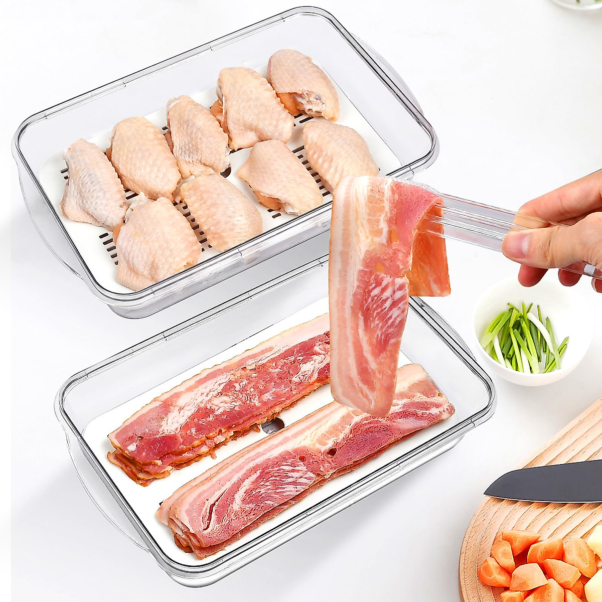 Bacon Container for Refrigerator, Airtight Thick Plastic Deli Meat Keeper with Lids for Fridge, Kitchen Cold Cuts Food Storage Organizer, Bacon Holder Cheese Saver with Serving Tongs and Drain Plate