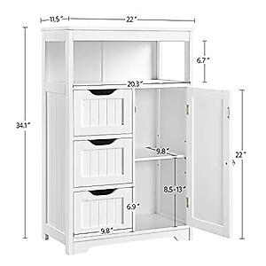 Yaheetech Bathroom Floor Cabinet Wooden Storage Organizer with 1 Door and 3 Drawers, Free-Standing Cupboard for Kitchen/Living Room/Bathroom Use, White