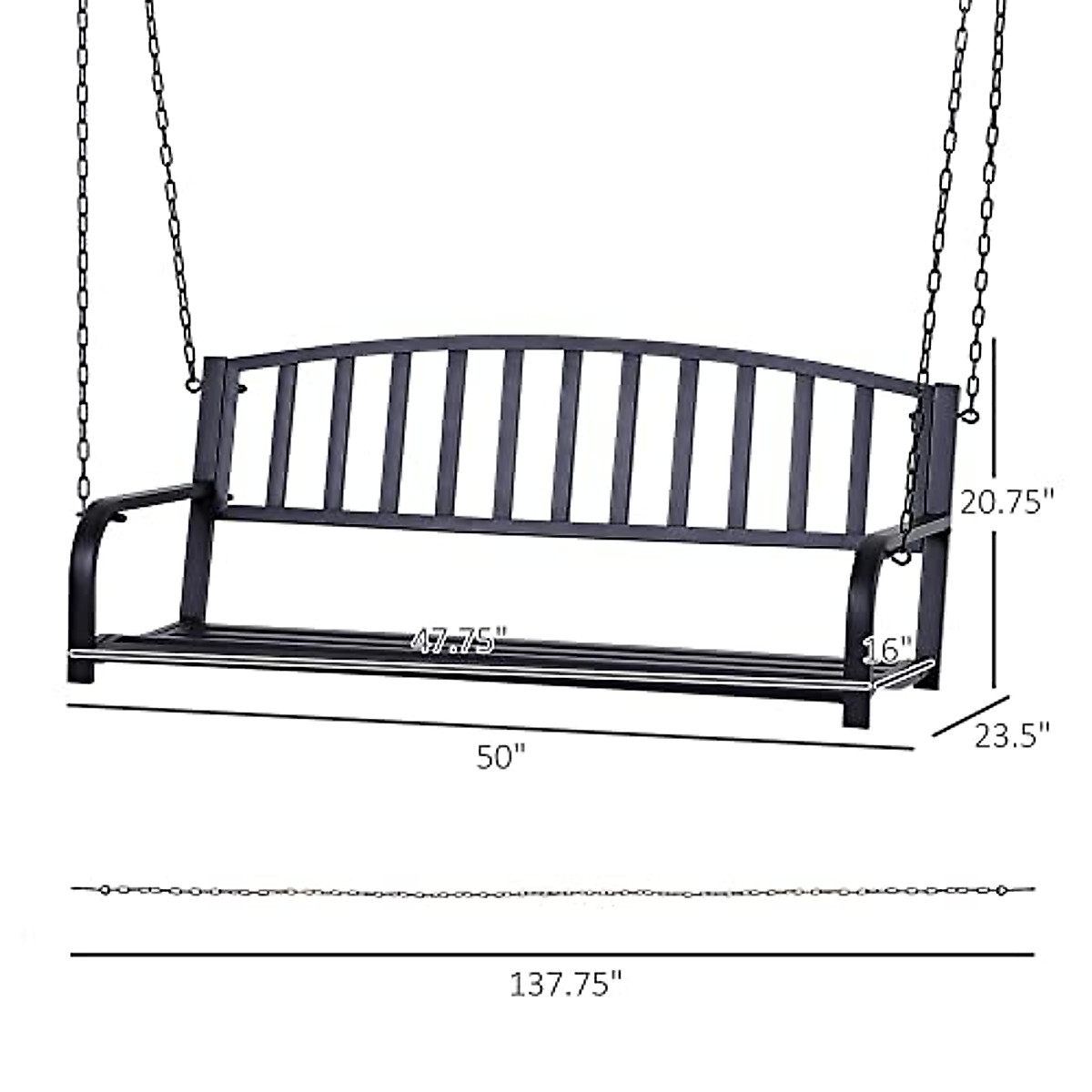 Outsunny 2 Person Front Porch Swing Patio Swing Bench, Outdoor Steel Swing Chair with Sturdy Chains, for Backyard, Deck, 528 lb Weight Capacity, Black