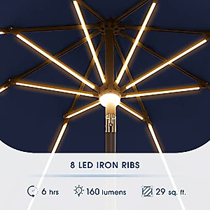 BLUU MAPLE 9 FT Outdoor Solar Patio Umbrella LED Table Umbrellas with 16 LED Strip Lights & Hub Light, Aluminum Frame, 3 YEARS Fade Resistance & UV Protection Fabric (Navy Blue)