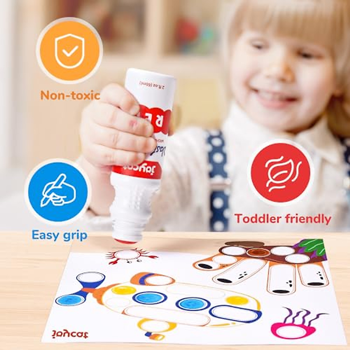 JoyCat Washable Dot Markers for Kids,8 Colors 2.1 fl.oz Non Toxic Dot Paint Markers with 123 PDF &10 Physical Activity Papers,6 Stencils,Bingo Daubers for Toddler 3+,Ideal Arts and Crafts Supplies