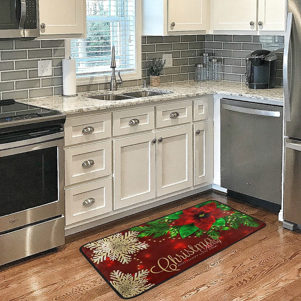 Christmas Poinsettia and Snowflakes Kitchen Rugs Non-Slip Kitchen Mats 39 x 20 Inches Bath Runner Rug Doormats Area Mat Rugs Carpet Cushioned Mat for Home Decor