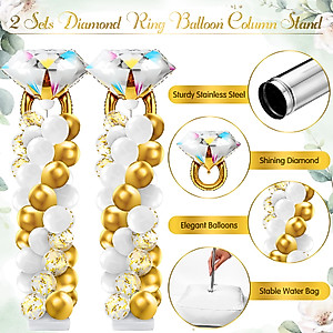 Realspring 2 Sets Diamond Ring Balloon Column Stand Kit with 2 Ring Foil Ring Balloons 100 Latex Balloons, Adjustable Balloon Stands White and Gold Balloon Arch for Bridal Shower Wedding Engagement