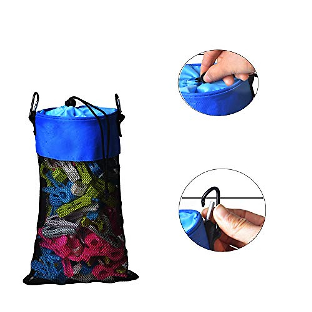 XQBAG Mesh Clothespin Bag, Large-Capacity Clothespin Storage Organizer with Hooks, Multi-Purposes Storage Mesh Bag Drawstring Closure Bag (Blue)