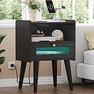 Irontar Nightstand with Charging Station, LED Bedside Table with Hinged Door & Open Storage Space, Modern End Table with Wooden Legs, Night Stand for Bedroom, Living Room, Black BZZ009BE