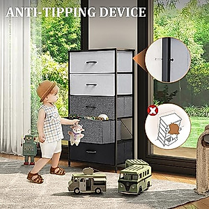 VredHom Fabric Dresser for Bedroom, Tall Skinny Dresser with 5 Wide Drawers, Storage Organizer Tower, Steel Frame Wooden Top for Closet, Living Room, Hallway, Nursery(Grey&Black)