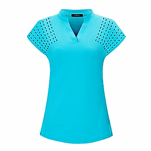 Felisou Women's V Neck Golf Polo Shirt Short Sleeve Sport Workout, Sky Blue, Medium