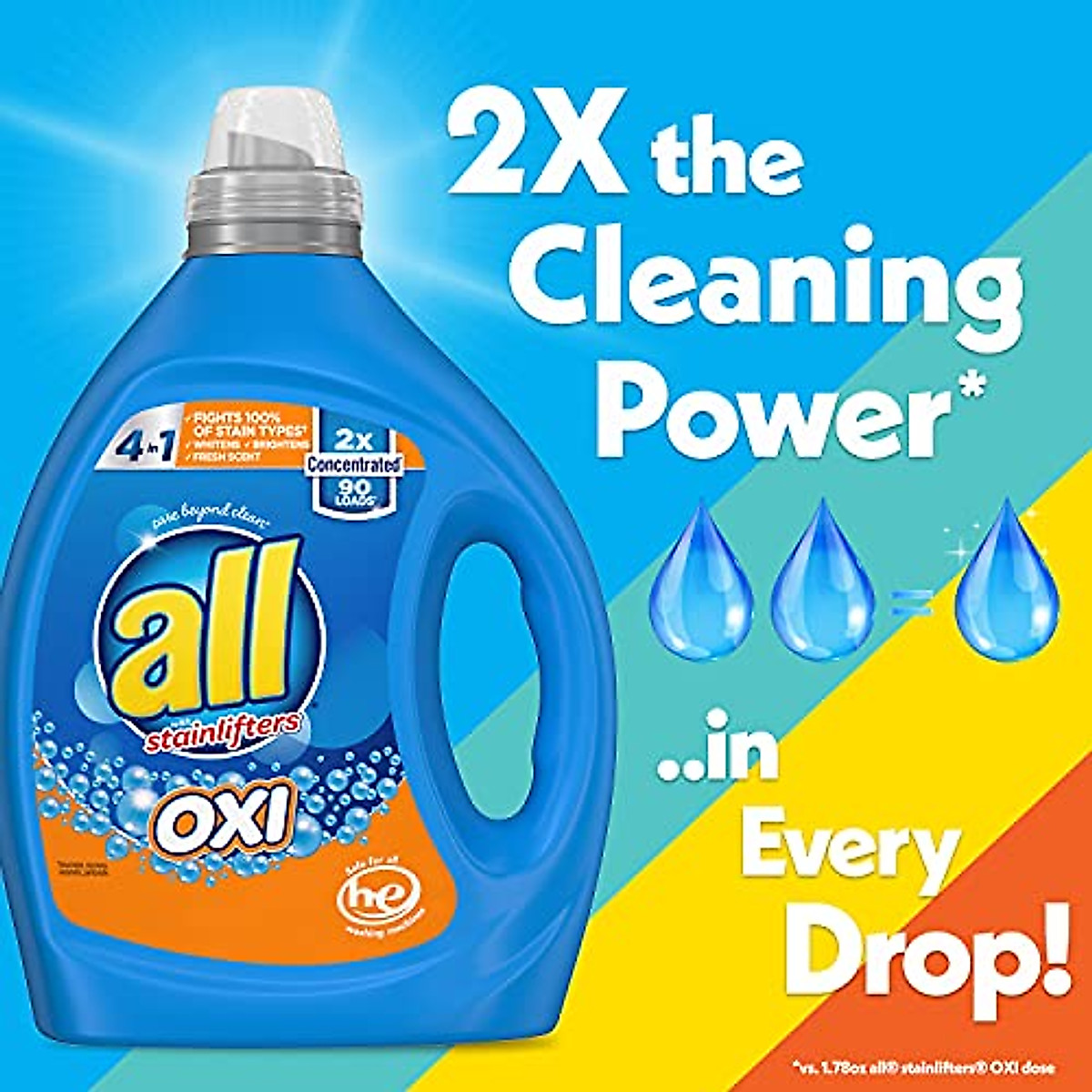 all Laundry Detergent Liquid, Fights Tough Stains with OXI Power, High Efficiency Compatible, 2X Concentrated, 90 Loads