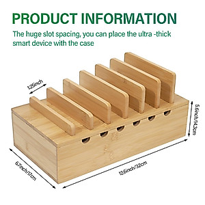 LEOKKARR Bamboo Charging Station for Multiple Devices, Upgrade Desk Docking Stations Organizer for Apple Devices, Wood Charging Cell Phone Holder Stand (Includes 6 Cables) (NO Power Supply)