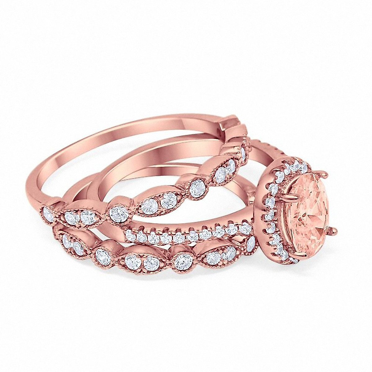 Blue Apple Co. Three Piece Halo Art Deco Wedding Band Engagement Ring Oval Simulated Morganite Round Cubic Zirconia 925 Sterling SilverSize-7