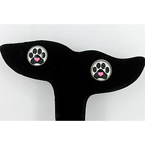 Summerfield Collection Stainless Steel Black and White Paw Print Pink Heart Glass Stud Earrings 12mm