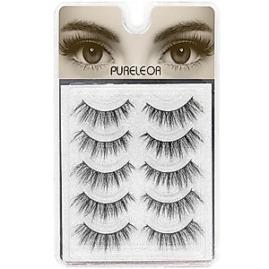 PURELEOR Natural Look Eyelashes 3D Mink Cat Eye Lash Wispies 15mm Manga Lashes 5 Pairs Soft Reusable False Eyelashes Lightweight, No Glue Included