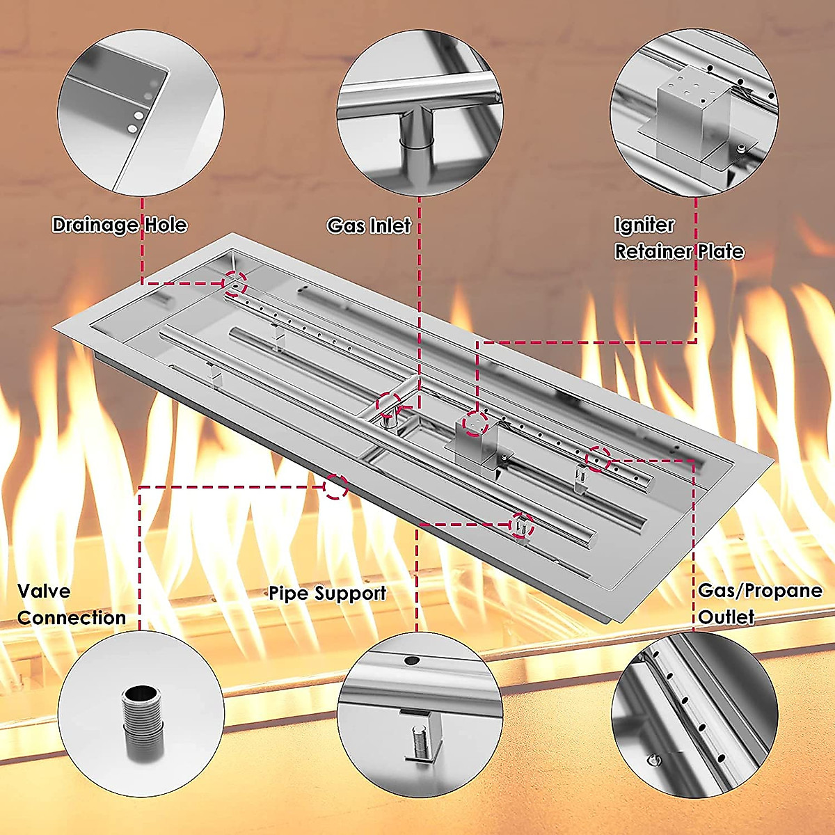 Uniflasy 36" by 12" Drop-in Fire Pit Pan Burner Kit, Stainless Steel Propane Rectangular Firepit Pan Insert with H-Burner, Spark Ignition Propane Hose Kit Fire Pit Table Insert for Indoor or Outdoor