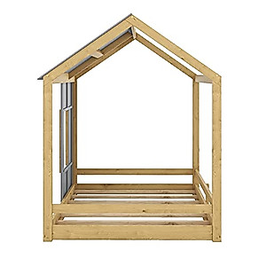 TARTOP Twin Size Floor Bed with Rails, House Bed with Roof, Window, Solid Wood Platform Bed Frame with Slats,Twin Bed Frame for Kids Teens Girls Boys,No Box Spring Needed,Gray+Natural