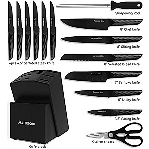 Knife Set, 15 Pieces Chef Knife Set with Block for Kitchen, German Stainless Steel Knife Block Set, Dishwasher Safe, Elegant Black